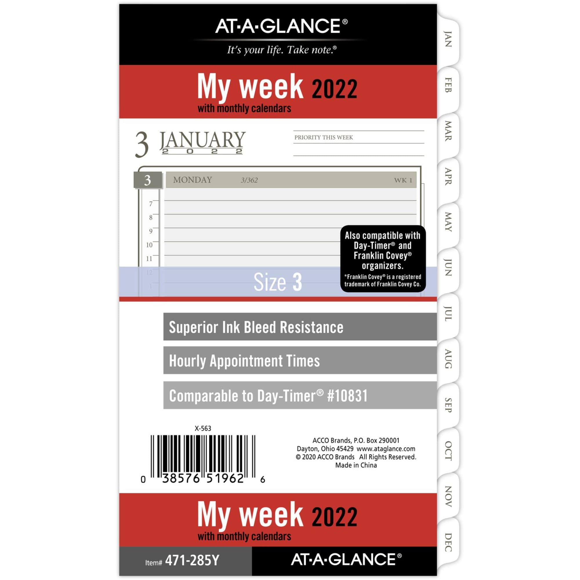 2022 Weekly & Monthly Planner Refill by AT-A-GLANCE, 10831 DAY-TIMER, 3-3/4" x 6-3/4", Size 3, Portable Size, Loose-Leaf (471-285Y)