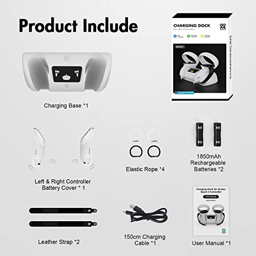 AMVR Charging Dock for Meta/Oculus Quest 2, Charging Station with LED Touch Light Charger Stand for VR Headset and Controllers, with 2 Rechargeable Batteries, 1 USB-C Charge Cable, 2 Controller Straps