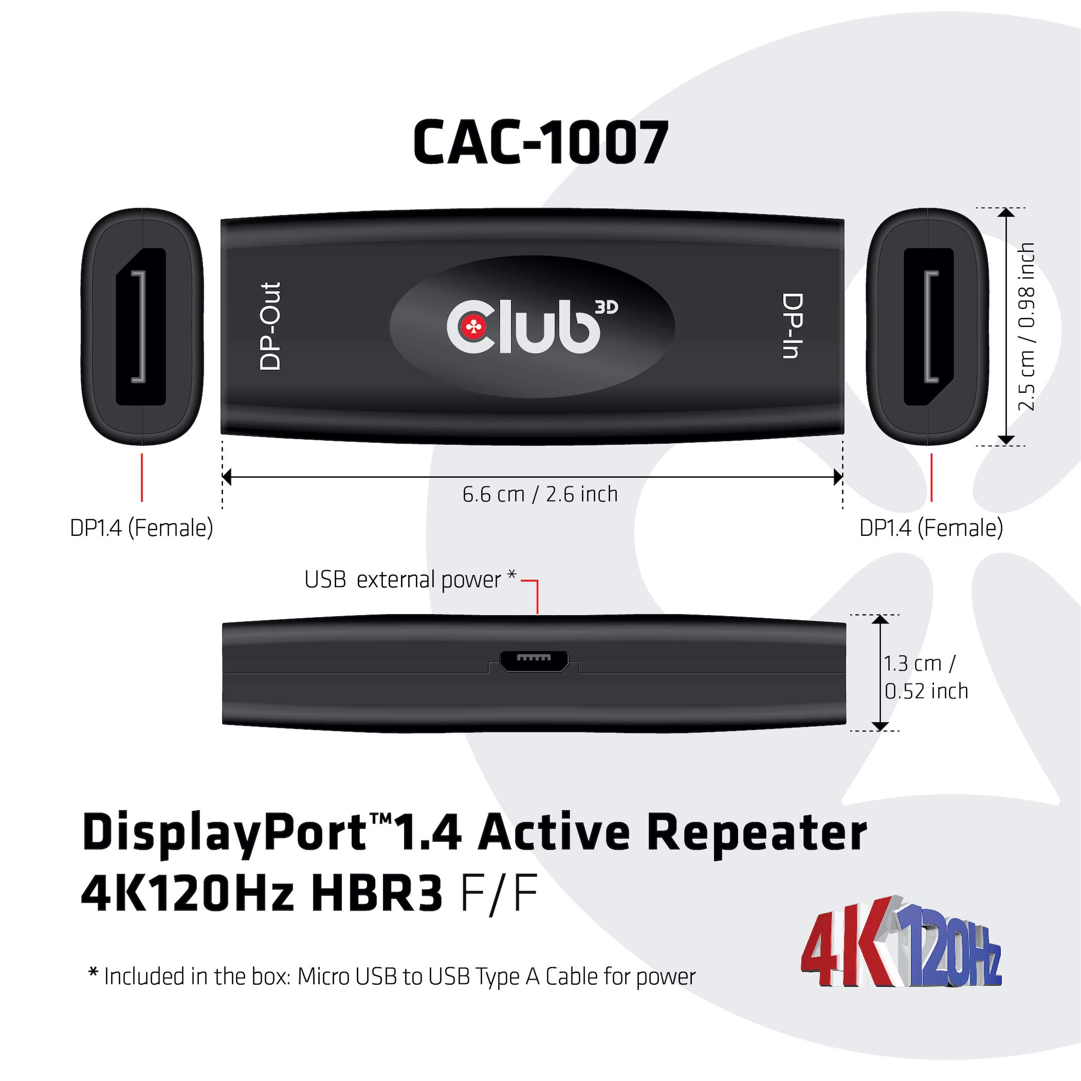 Club 3D DisplayPort 1.4 Active Repeater 4K120Hz HBR3 F/F - 65.62 ft Maximum Operating Distance - DisplayPort - USB,CAC-1007
