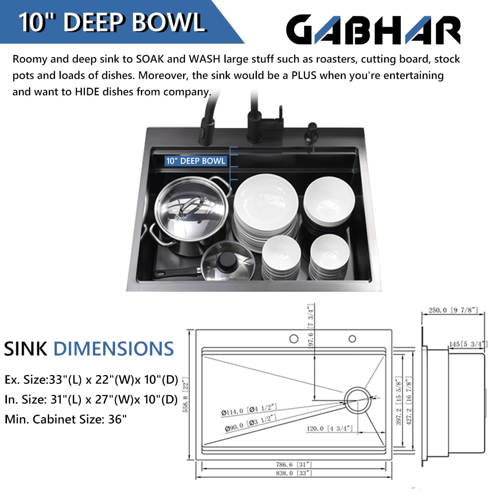 33x22 Inches Black Drop In Workstation Kitchen Sink, Gabhar 33" 16Gauge Black Stainless Steel Drop In Workstation Kitchen Sinks With Offset Drain