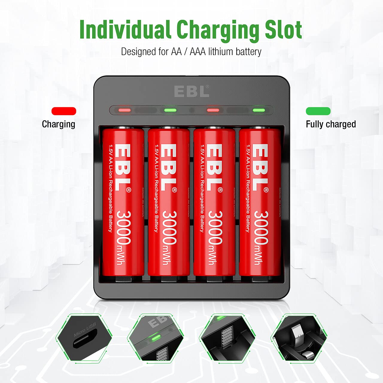 EBL 4 Pack 1.5V Rechargeable Lithium AA Batteries with USB Input Charger, 3000mWh Li-ion AA Batteries Long Lasting Double A Battery