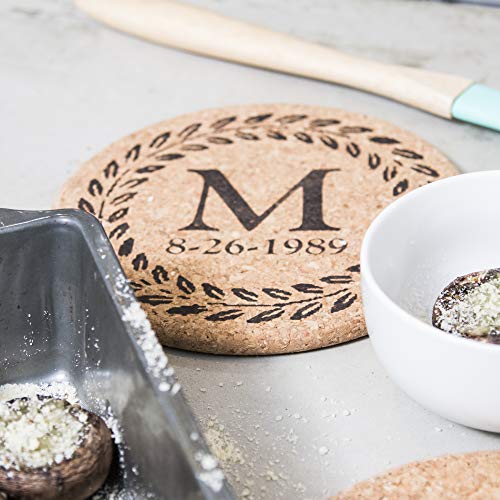 Custom Catch Personalized Cork Trivet Gift - (2) 7" Hot Pads - Monogram Wreath Customizable Trivets for Hot Dishes, Pots, Pans, Baking Sheets, Hot Plates for Table, Countertop, Kitchen