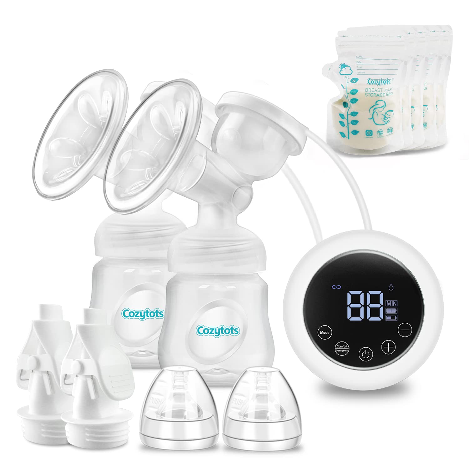 Cozytots Double Electric Breast Pumps Portable Rechargeable Battery Operated Breast Feeding Pump 9 Suction Levels with High Definition Display Touch Panel 5 Milk Bags 2 Adapters