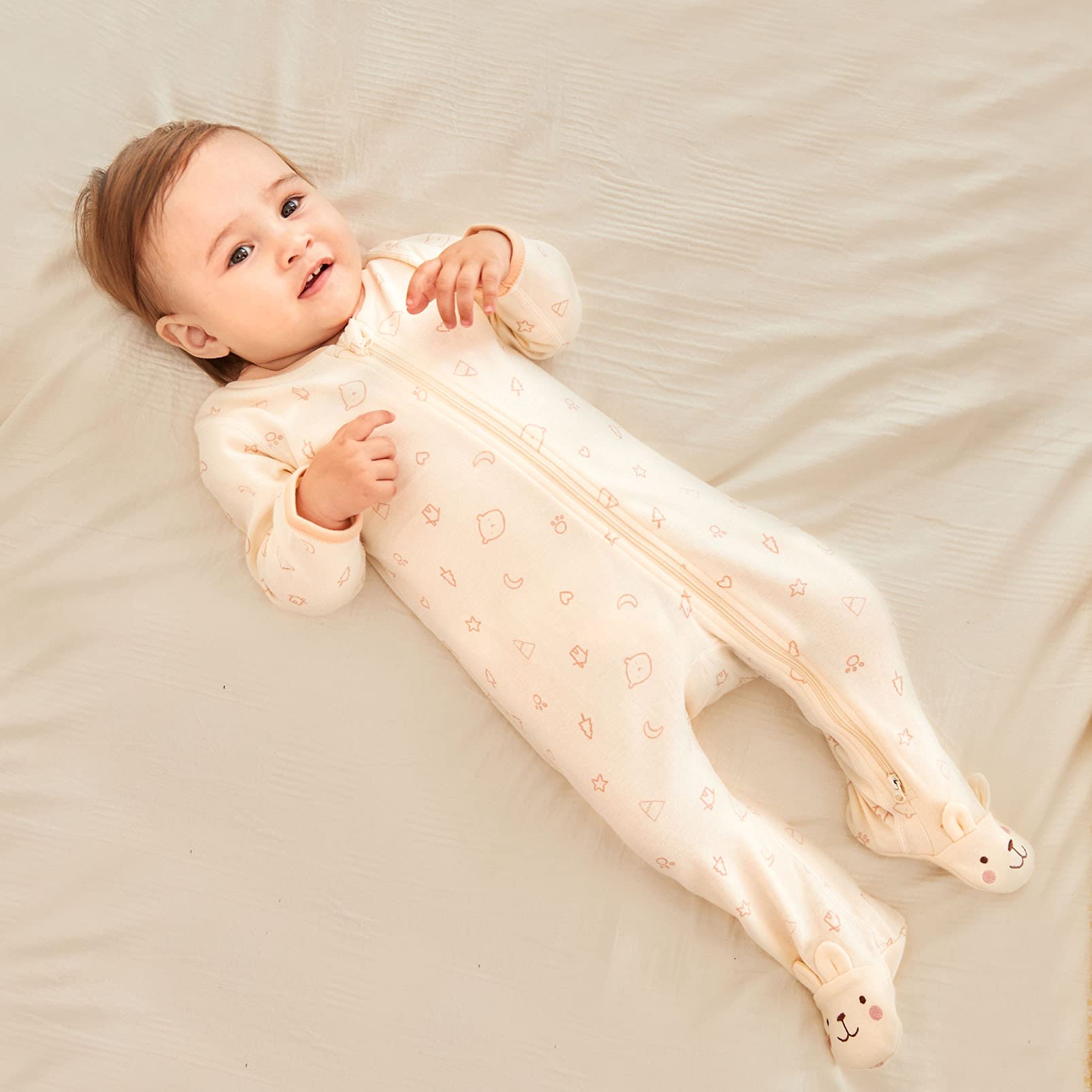 pureborn 2-Pack Baby Girls Footed Pajamas Infant Seamless Long Sleeve Cotton Footies Sleep and Play White + Beige Bear 0-3 Months