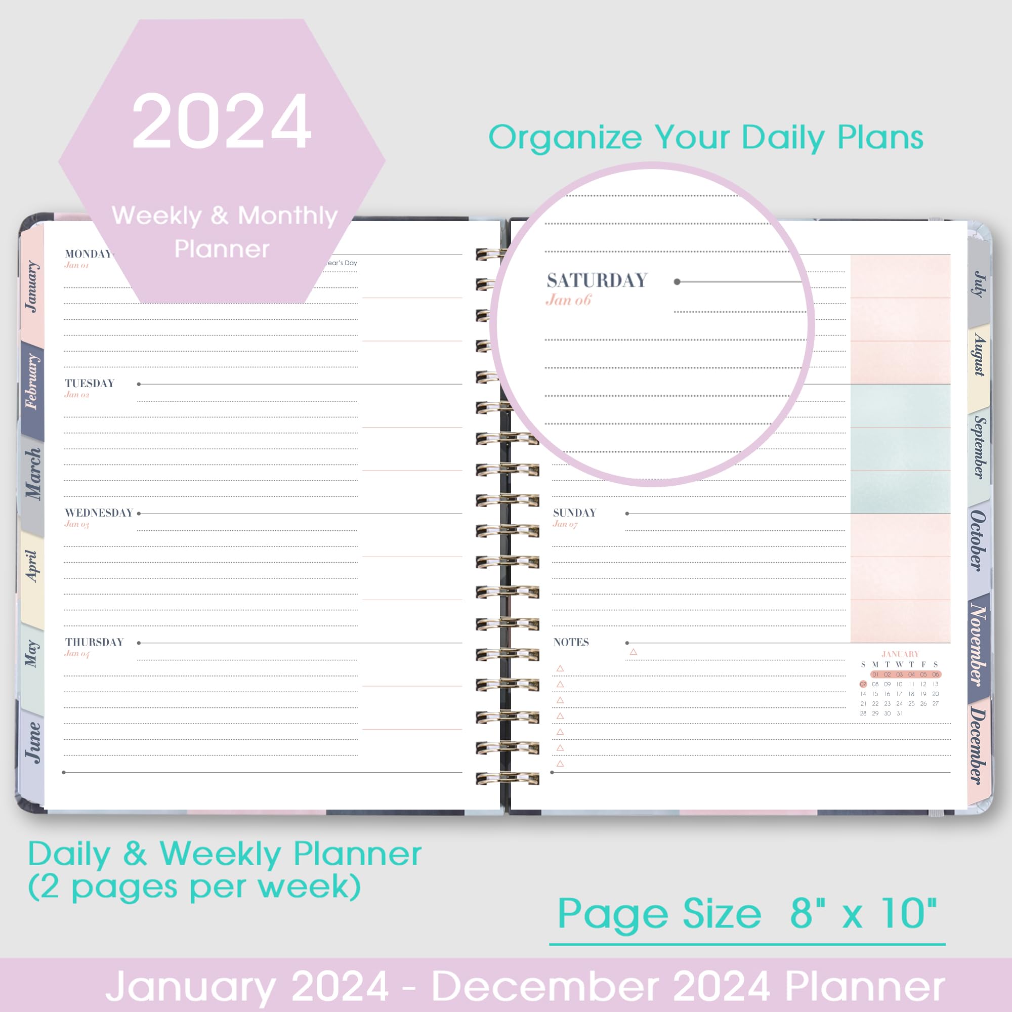 2024 Planner - Weekly & Monthly Planner 2024 with Gift Box, Jan 2024 - Dec 2024, Planner 2024, 8" x 10" Thick Paper, Back Pocket with 15 Notes Pages + 12 Monthly Tabs