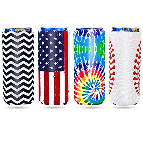 Heyah 4 Pack 12oz Slim Beer Can Cooler Sleeves, Neoprene Beer Can Cooler Bulk, Collapsible Insulators Cooler Cover Fits for White Claw/Spiked Seltzer and More