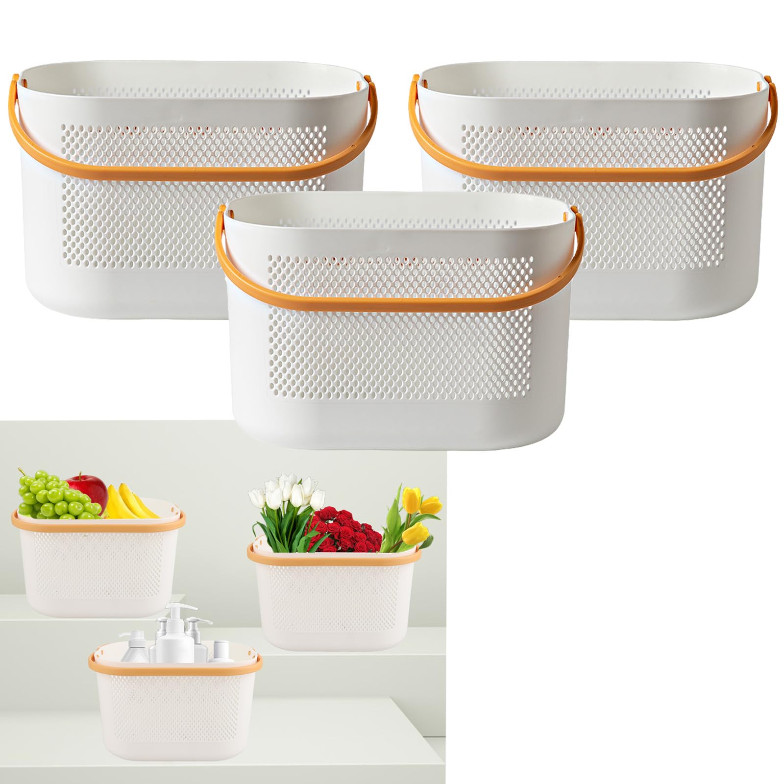 Acrux7 3 Pack Plastic Storage Baskets with Handles, 11x7.4x7 inch Portable Shower Caddy Tote Storage Basket for Bathroom, Kitchen, Dorm Room, Cleaning Supplies (White)