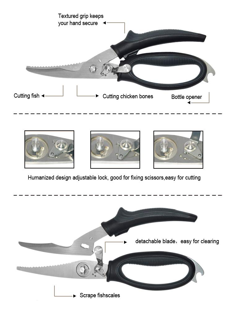 Gerior Spring Loaded Poultry Shears - Heavy Duty Kitchen Scissors for Cutting Chicken, Poultry, Game, Bone, Meat - Chopping Food, Herb - Stainless Steel - Black
