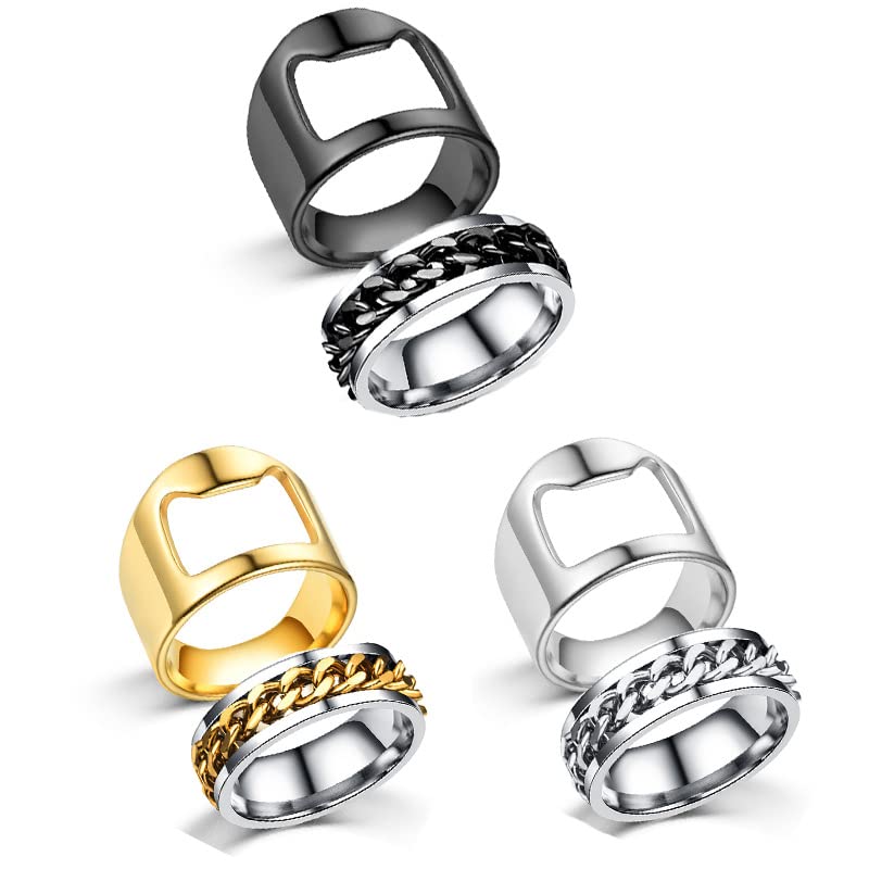 2Pcs Stainless Steel Anxiety Ring, Spinner Chain Thumb Beer Bar Opening Ring Set for Men Women BFF Gift Jeweley-Silver