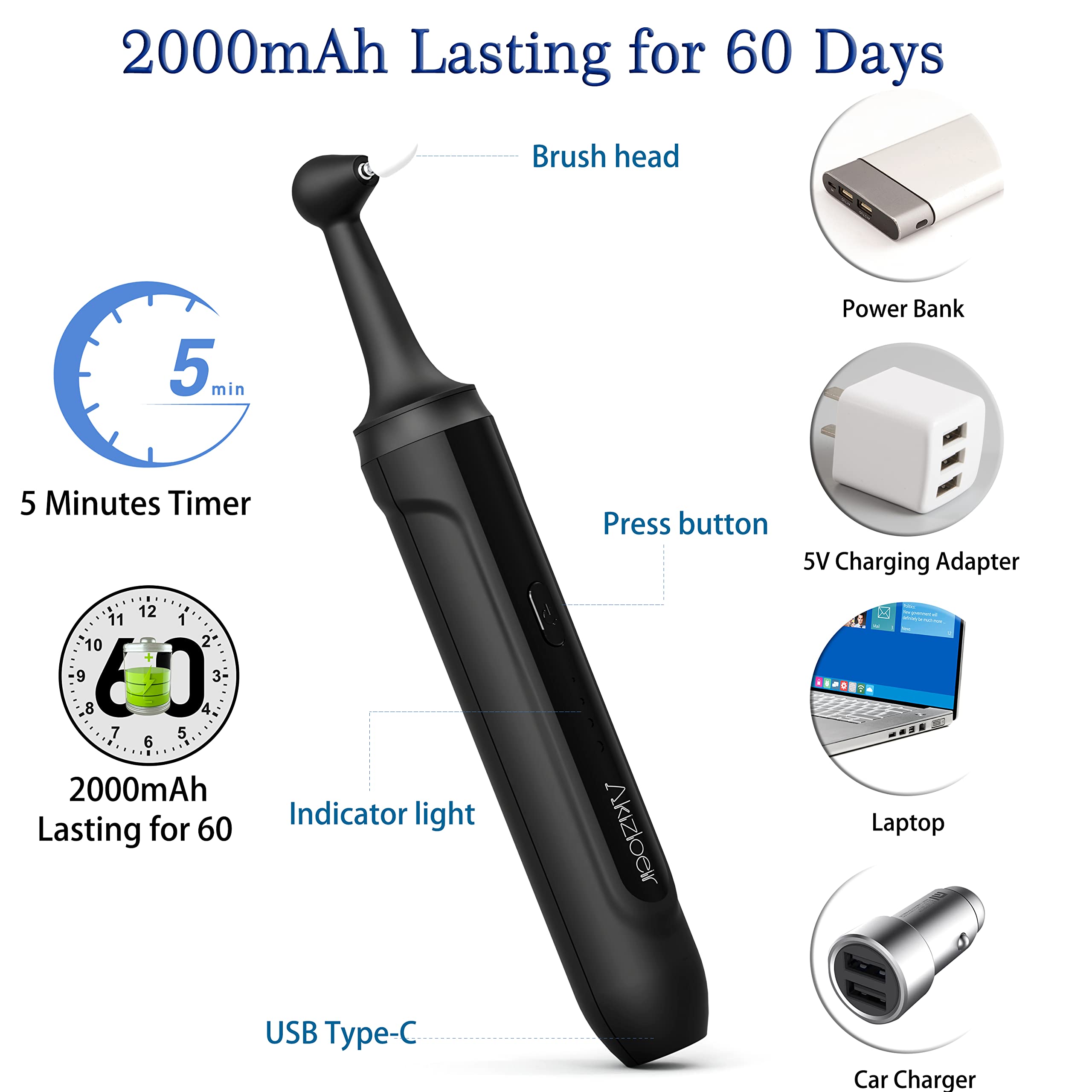 Akizbeir Electric Tooth Polisher, with 5 Replacement Heads, 2000mAh-Charging Model, Household Dental Tartar Calculus Remover Teeth Whitening Cleaning Kit for People and Pet Dog(Black)