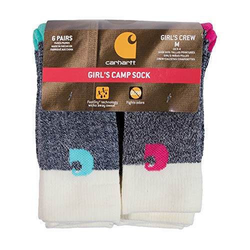 Carhartt baby girls Camp Crew 6 Pair Pack Casual Sock, Natural, Pink, Blue, Green, Purple, Large US