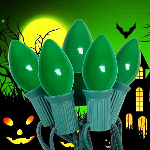 25Ft Halloween String Lights, C7/E12 Vintage Lights with 27 Green Ceramic Bulbs(2 Spare) for Outdoor and Indoor Use, Fairy Garden, Yard, Home, Party, Holiday, Halloween Decorations