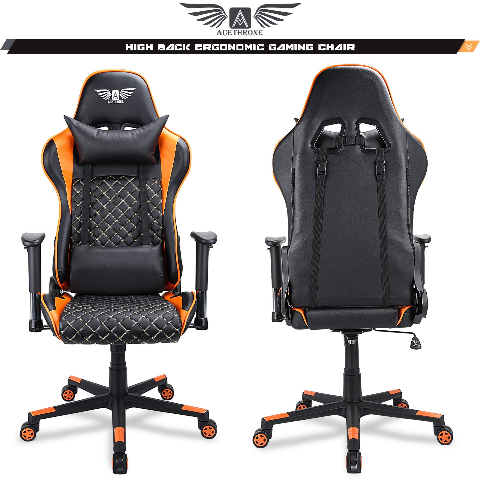 Acethrone Gaming Chair High Back Computer Chair Soft PU leather office Desk Chair Racing Executive Ergonomic Adjustable Swivel Task Chair Reclining with Headrest and Lumbar Support for Adults (Orange)
