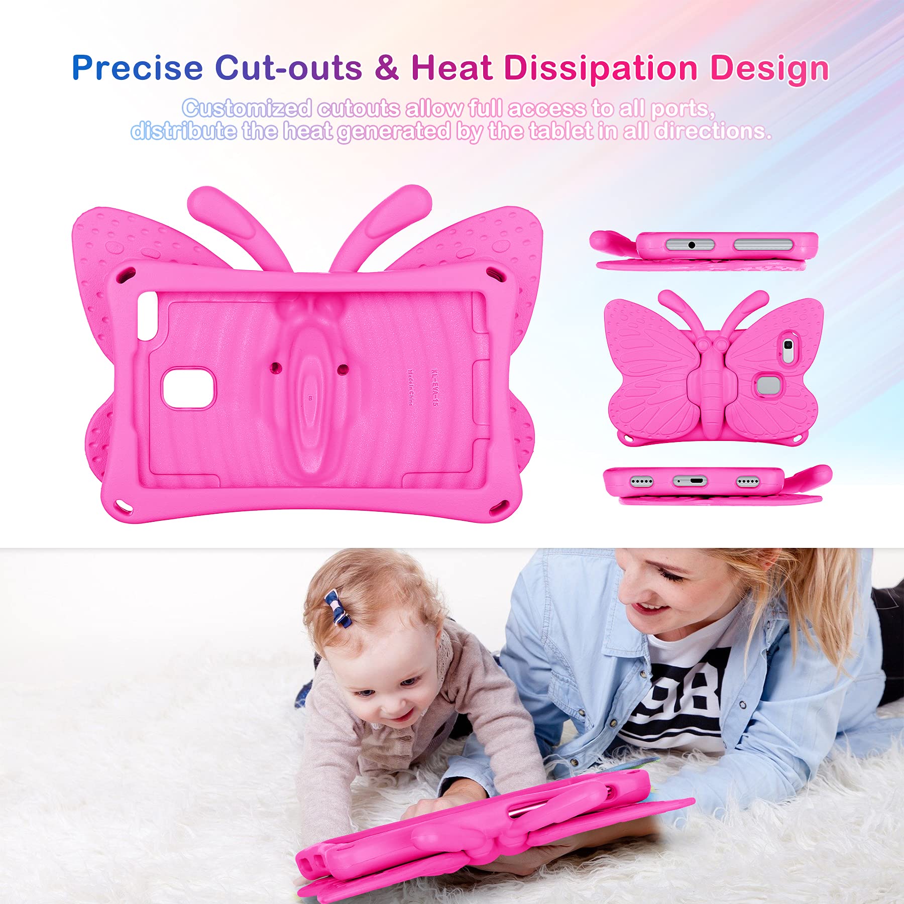 Feitenn Galaxy Tab A 8.0 Case for Kids 2019 SM-T290 / SM-T295, 3D Cartoon Butterfly Cover Non-Toxic EVA Kickstand Kid-Proof Shockproof Bumper Shell Girl Boy Gift for Samsung Tab A 8.0'' 2019 - Rose