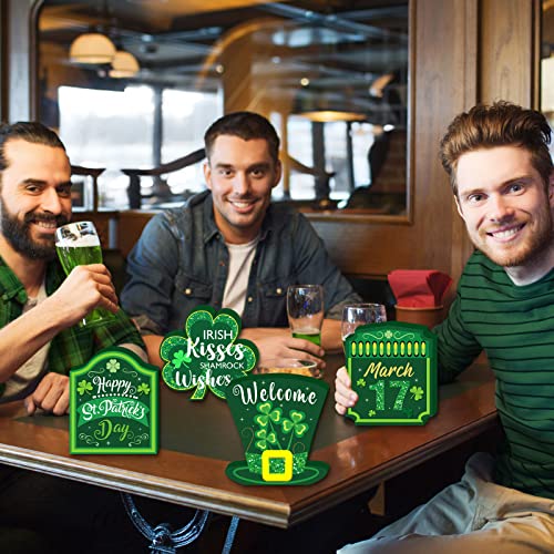 4 Pieces Table Sign Happy St Patricks Day Tabletop Decoration Lucky Shamrocks Wooden Wood Decor Irish Tiered Tray Décor for St. Patrick's Day Party Table Ornaments