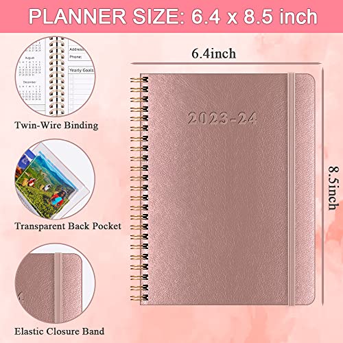 2023 2024 Academic Planner - Weekly and Monthly Planner with PU Leather Hardcover, Coated Month Tabs, Inner Pocket and Elastic Closure Band, 6"x8.5", Rose Gold