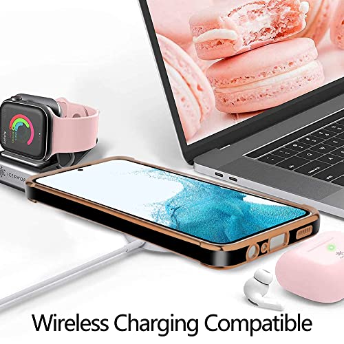 AIGOMARA Compatible with Samsung Galaxy S22 Plus Case with Finger Strap Luxury Cute Heart Plating Phone Case Full Body Protective Kickstand Cover for Galaxy S22 Plus 5G 2022 Women Girly - Black