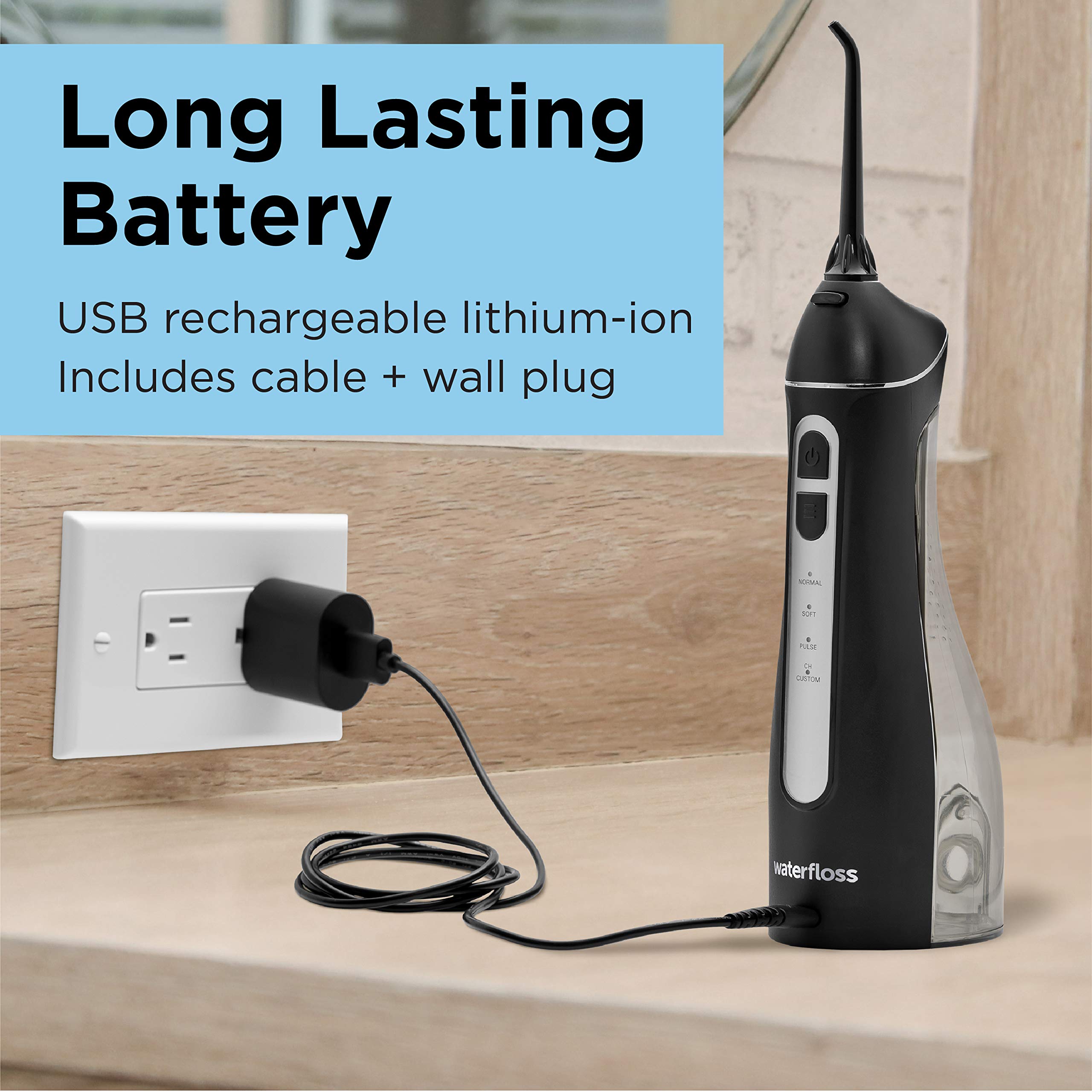 Waterfloss Water Flosser Small Cordless Water Pick Teeth Cleaner Dental Oral Irrigator with 4 Modes and USB Rechargeable Lithium Battery, Black