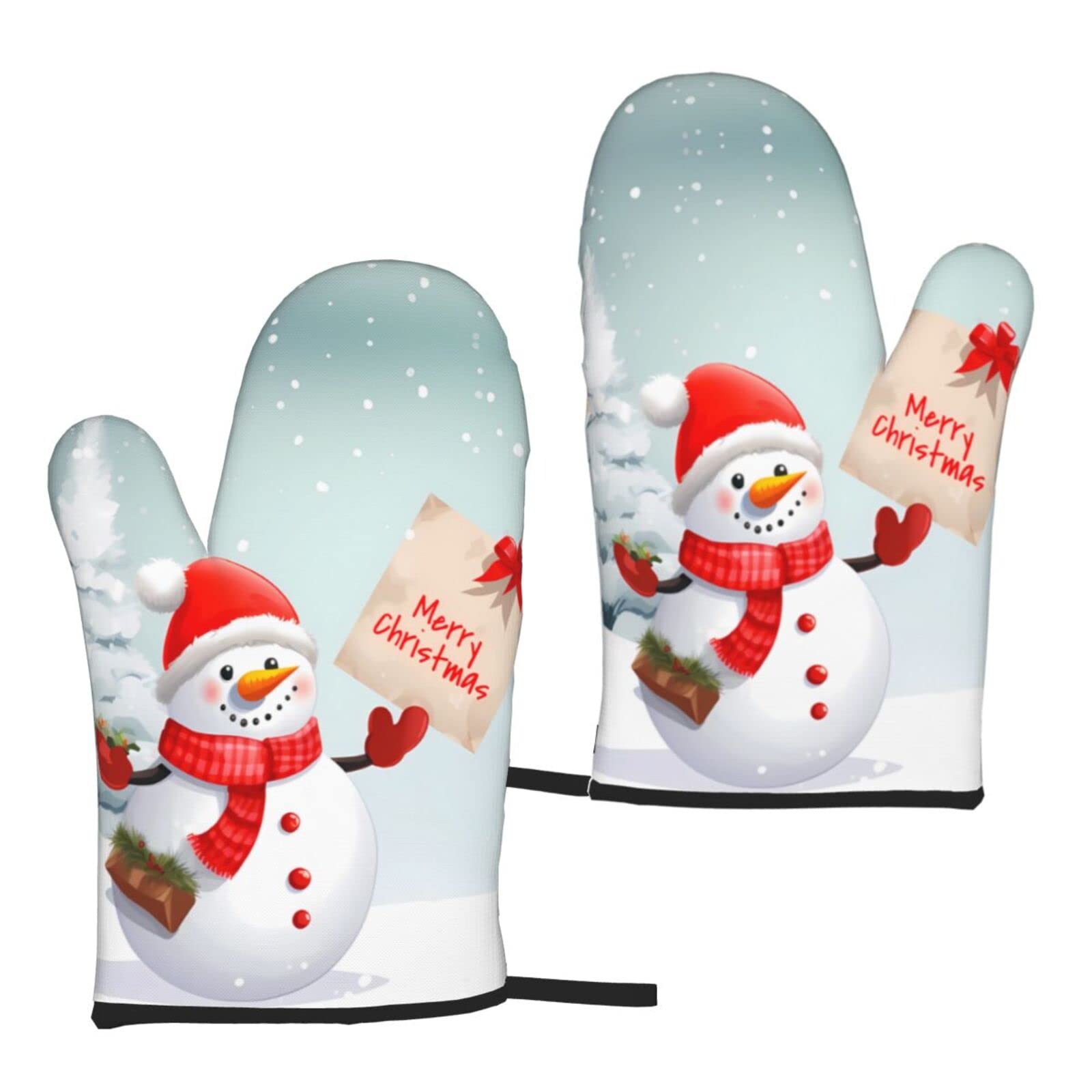 2 Piece Set Oven Mitts, Winter Snowman Cartoon Style Merry Christmas Baking Glove for Cooking BBQ