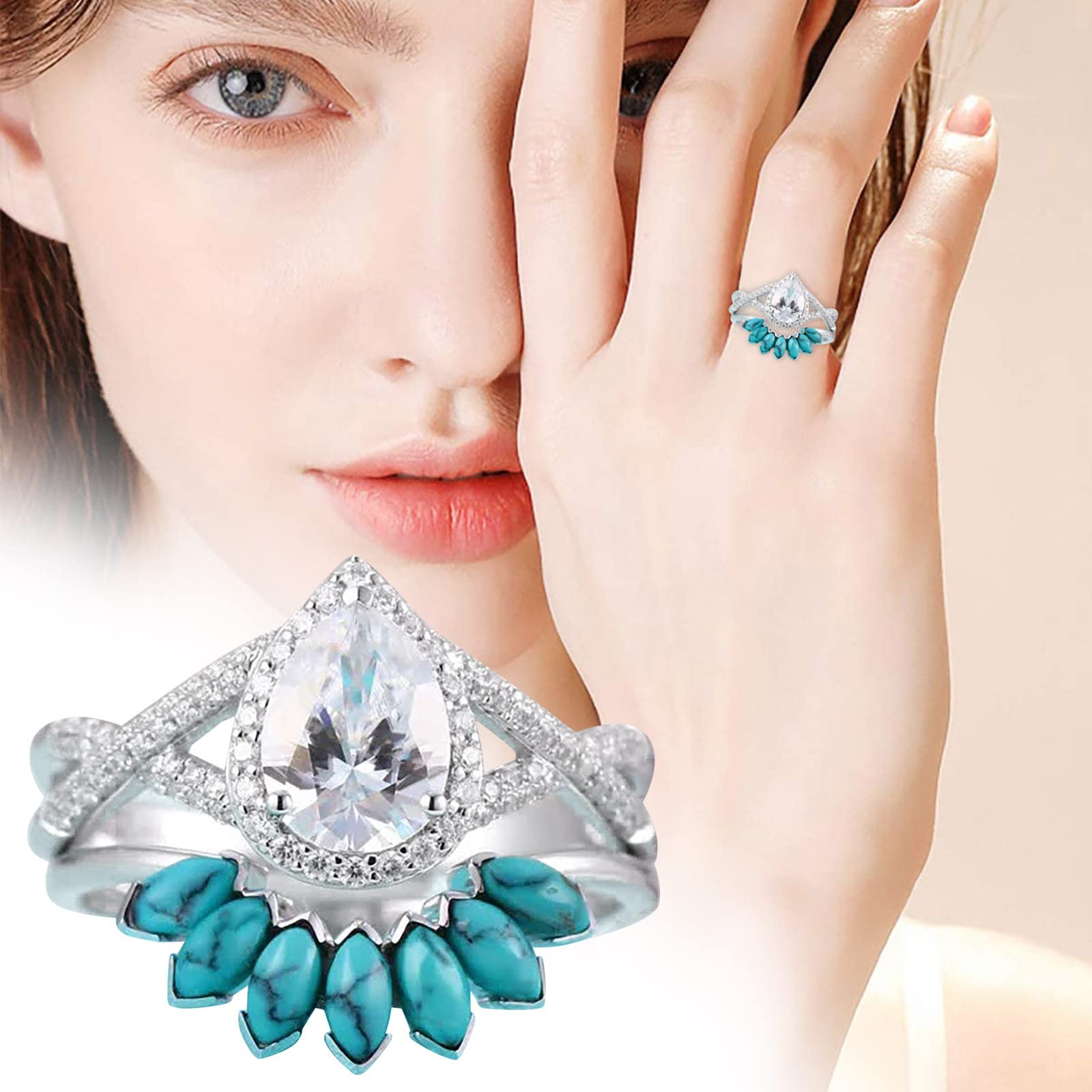2PC Set Women Shining White Crystal Zirconia Water Drop Shape Ring Turquoise Ring Promise Rings Engagement (Silver, 7)