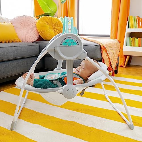 Bright Starts Portable Automatic 6-Speed Baby Swing with Adaptable Speed, Taggies, Music, Removable -Toy Bar, 0-9 Months 6-20 lbs (Whimsical Wild)
