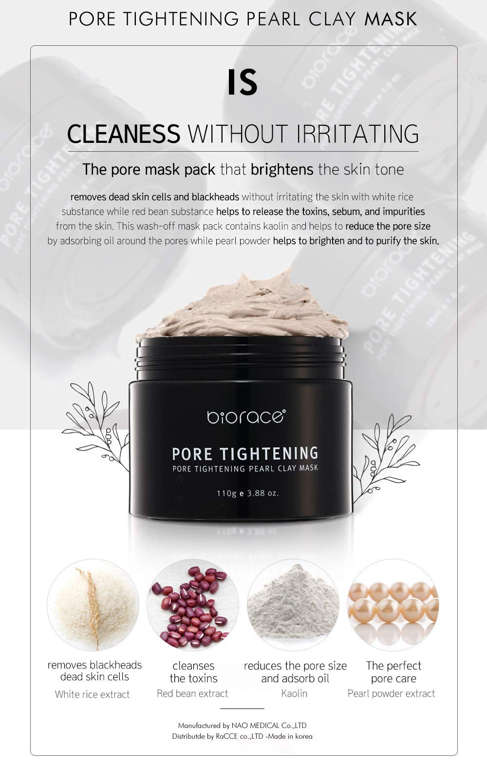 Biorace] Pore Tightening Pearl Clay Mask 110 g / 3.8 oz Tightens Pores + Sebum Control + Deep Cleanse [Made in KOREA]