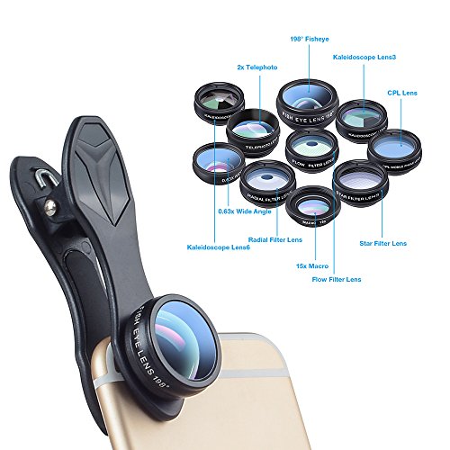 Apexel 10 in 1 Phone Camera Lens Kit Wide Angle/Macro/Fisheye/Telephoto/CPL/Flow/Radial/Star Filter/Kaleidoscope Lens for iPhone and Most Phone