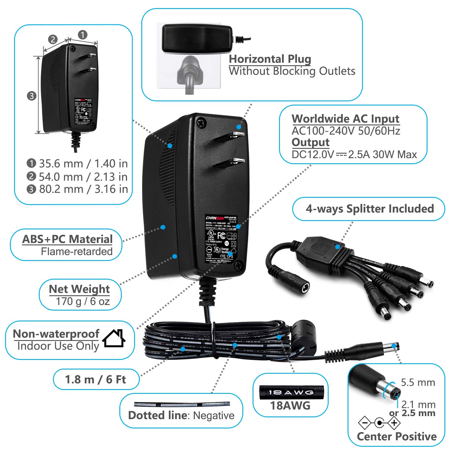 Chanzon 12V 2.5A 30W Power Supply AC DC Switching Adapter, 12 Volt 2.5 Amp AC/DC Wall Wart Converter Transformer, 100-240v 50 60HZ Input with 12vdc 2500ma Output