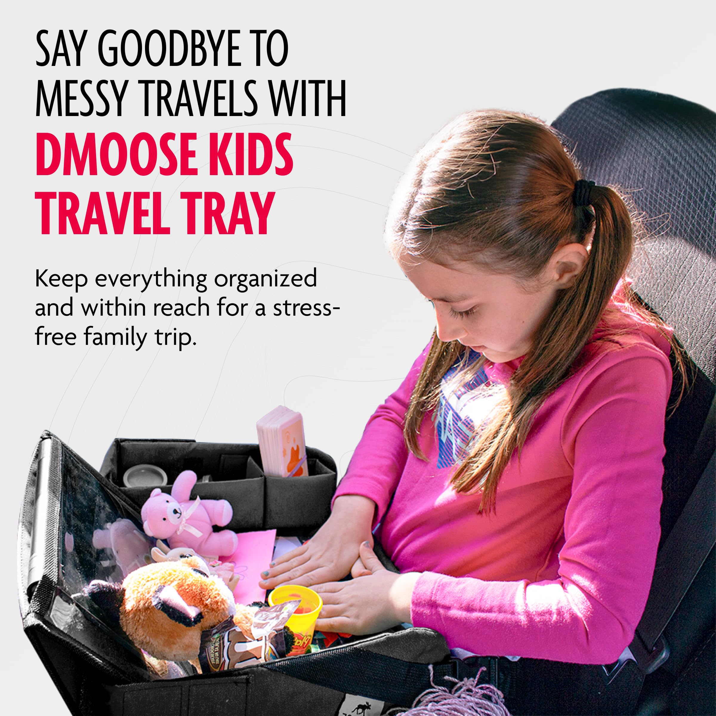 DMoose Kids Travel Tray, Toddler Car Seat Lap Activity Tray with Padded Comfort Base, Side Walls, Mesh Snack Pockets, Tablet Holder, Waterproof Car Seat, Stroller, Airplane Play and Learn Area (Black)