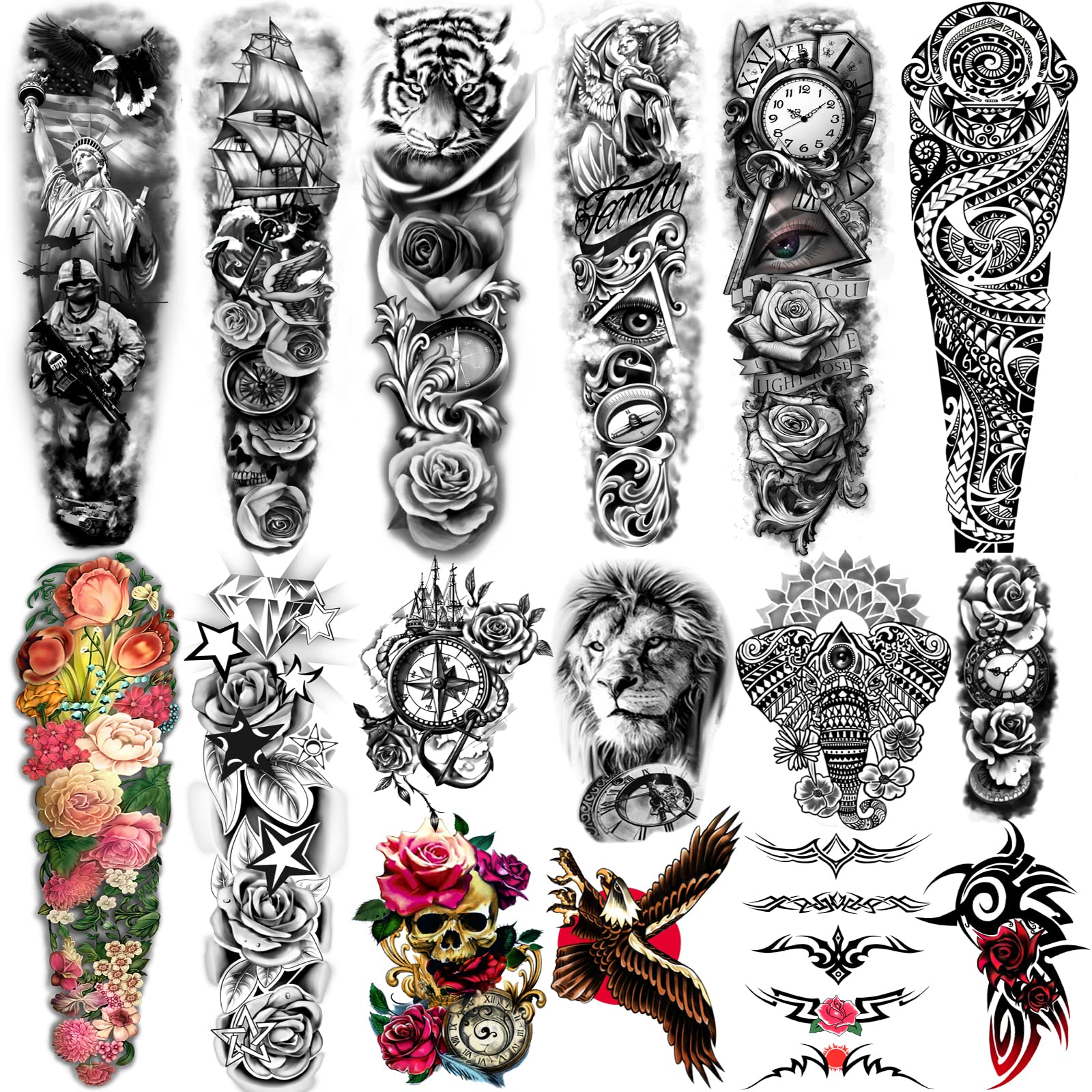 Yazhiji Extra Large Temporary Tattoos 8 Sheets Full Arm Fake Tattoos and 8 Sheets Half Arm Tattoo Stickers for Men and Women (22.83"X7.1")