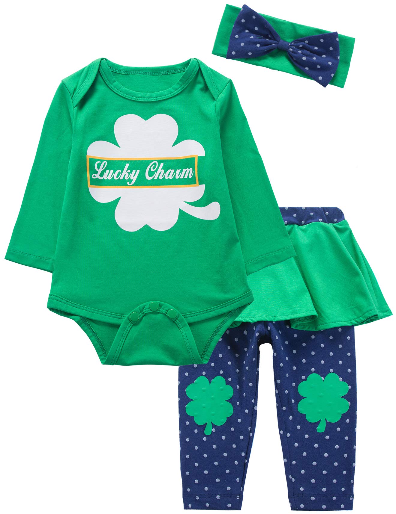 Baby Girls St Patrick's Day Outfit My First St Patrick's Day Infant Girls Long Sleeve Clothes with Headband (12-18 Months) Green