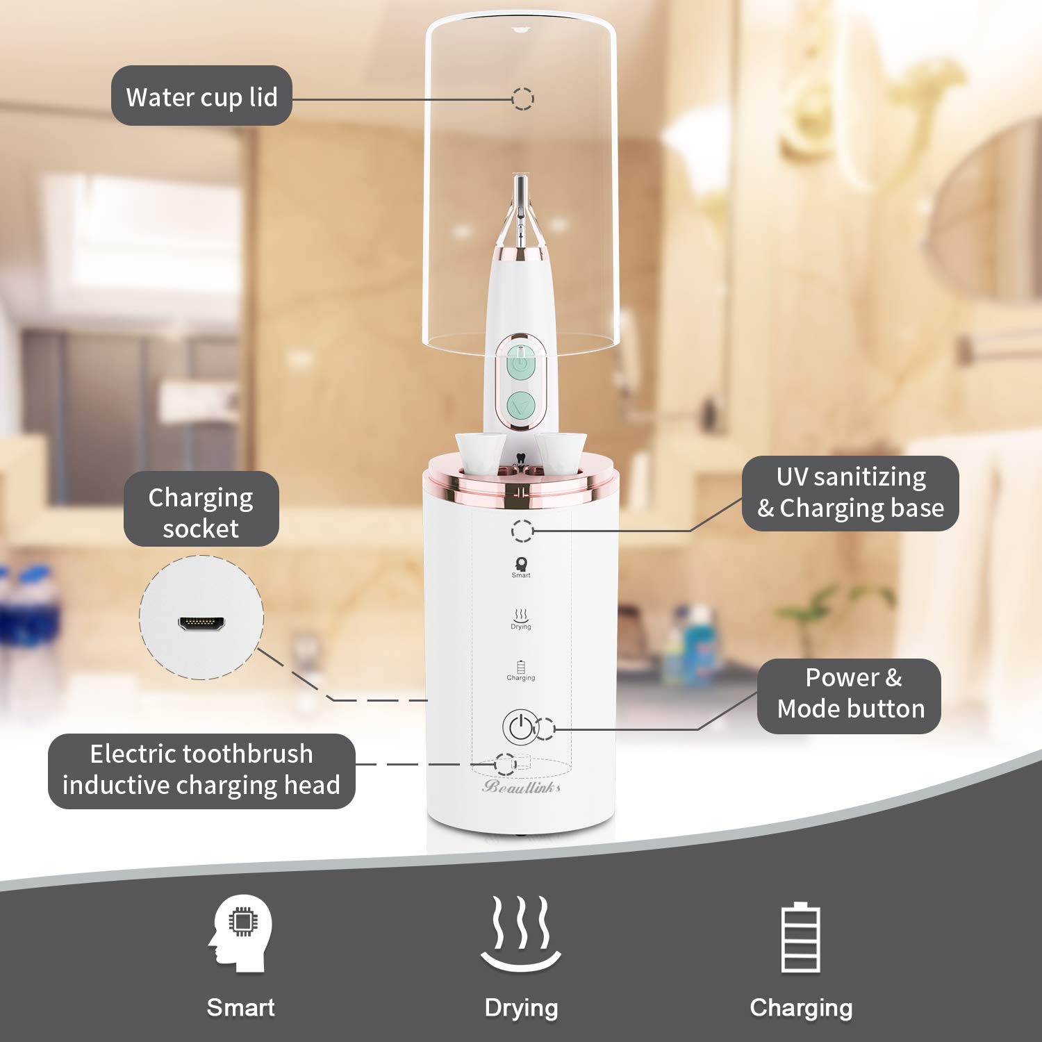 Electric Toothbrush Rechargeable Inductive Charging Base with 5 Brushing Modes, 2-Min Smart Timer, 2 Brush Heads, Travel Bag Included for Travel and Home Use