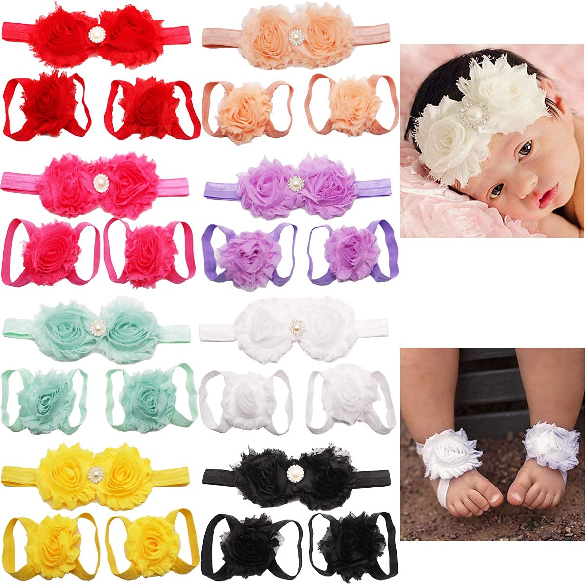 CellElection 8 Colors Baby Headbands Barefoot Sandals Set Rhinesotnes Flower Hairbands Foot Bands Photo Prop Hair Accessories for Newborns Infants Toddlers…