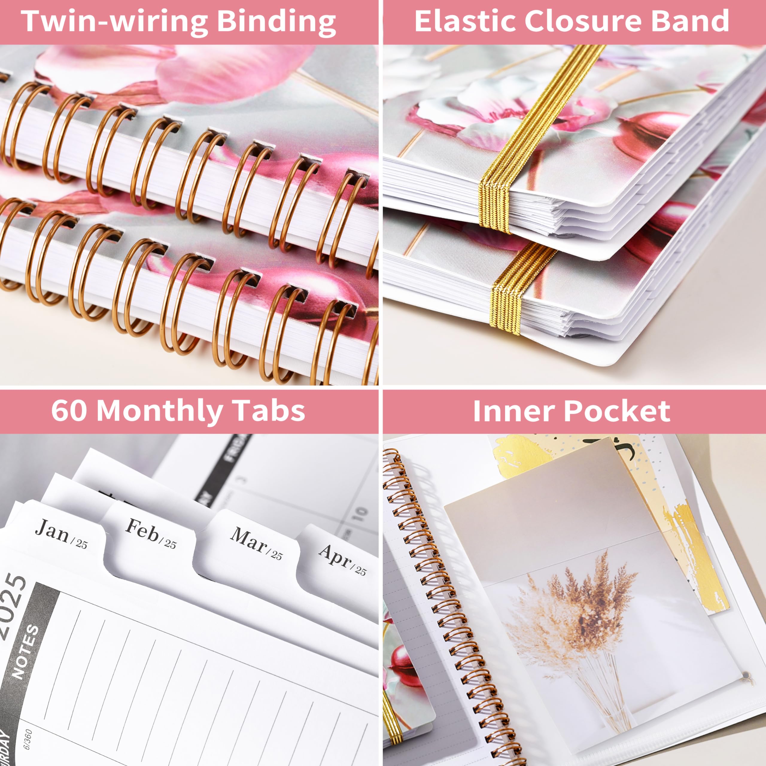 2024-2029 Monthly Planner Spiral Bound - 5 Year Monthly Planner/Monthly Calendar 2024-2029, Jul. 2024 - Jun. 2029, 6.4" x 8.5" - Pink Flower
