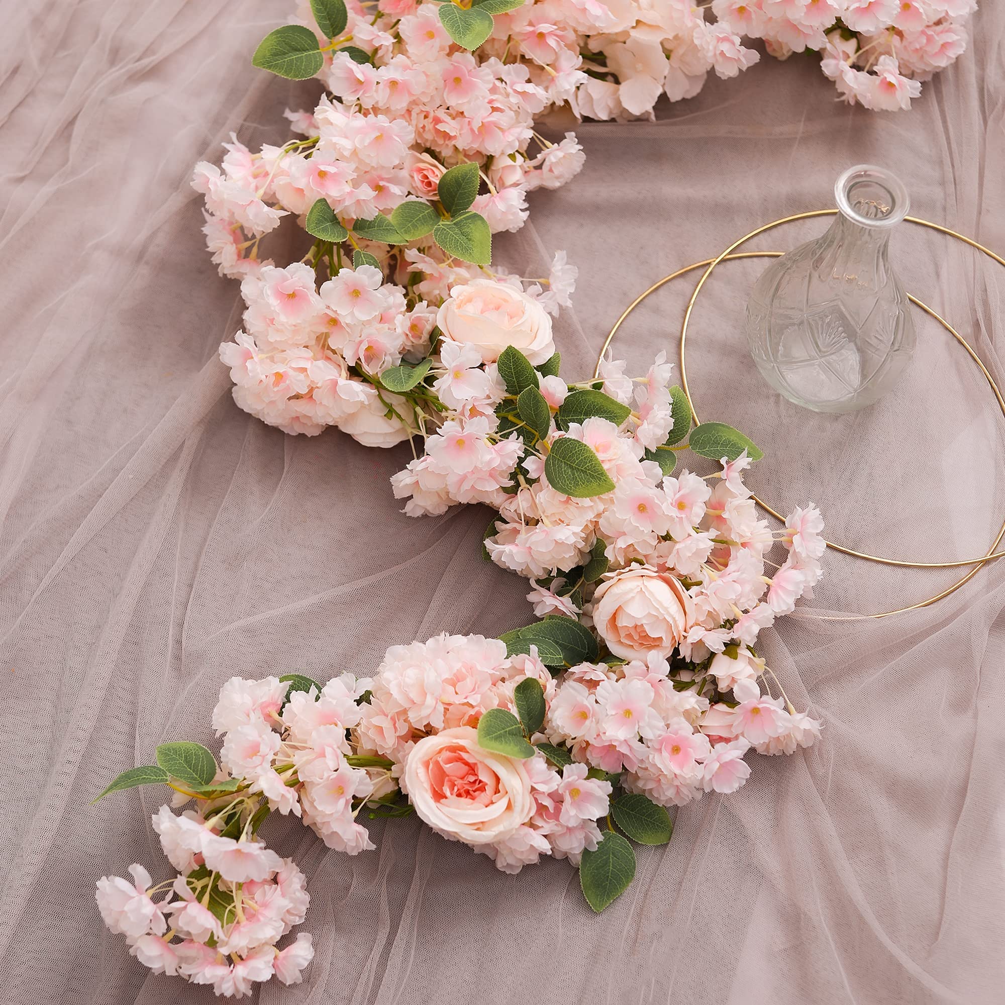 Anna's Whimsy 6.07FT Rose & Cherry Blossom Garland, Silk Artificial Flower, Flower Hanging Vines for Wedding Arch Party Table Home Garden Outdoor Kawaii Decor