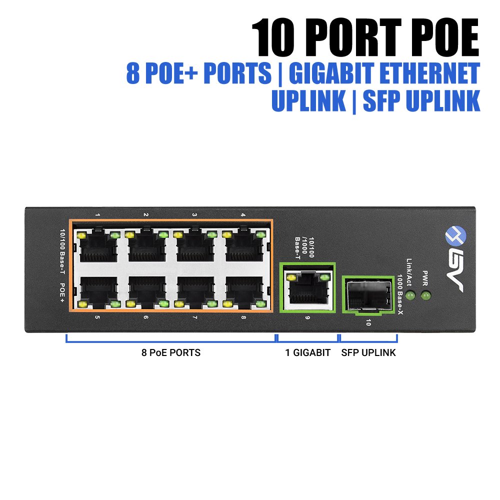 BV-Tech 8 Port PoE Switch with 1 Gigabit Uplink and Industrial DIN Rail - Power Over Ethernet Network Switch for IP Cameras, VoIP Phones, Wireless APs - IEEE802.3af/at, Wide Temperature Range