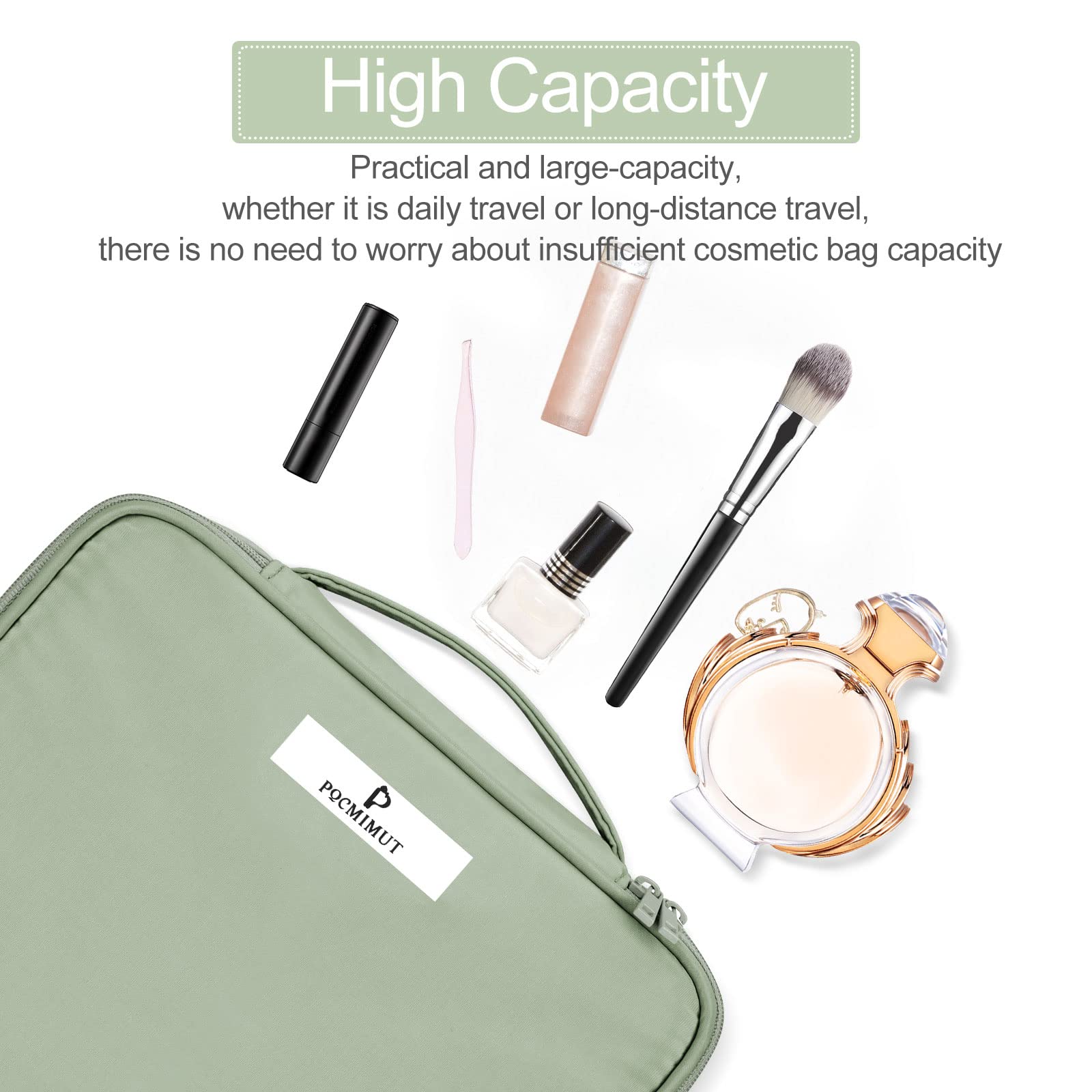 Pocmimut Makeup Bag,Cosmetic Bag for Women Travel Make Up Bag with Brush Compartment for Women(Green)