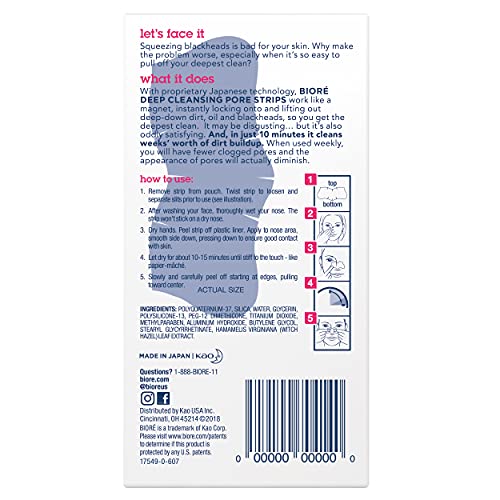 Bioré Original, Deep Cleansing Pore Strips, Nose Strips for Blackhead Removal, with Instant Pore Unclogging, features C-Bond Technology, Oil-Free, Non-Comedogenic Use, 8 Count