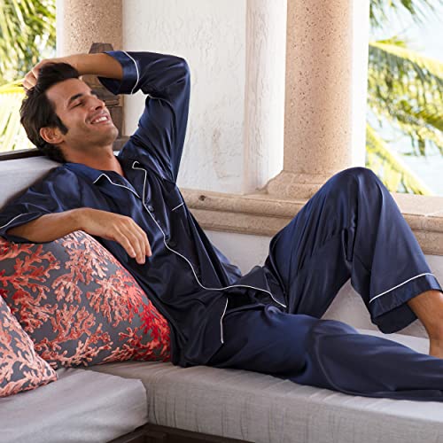 Alexander Del Rossa Men's Button Down Satin Pajama Set with Sleep Mask, Long Silk like Pjs, Champagne 2XL