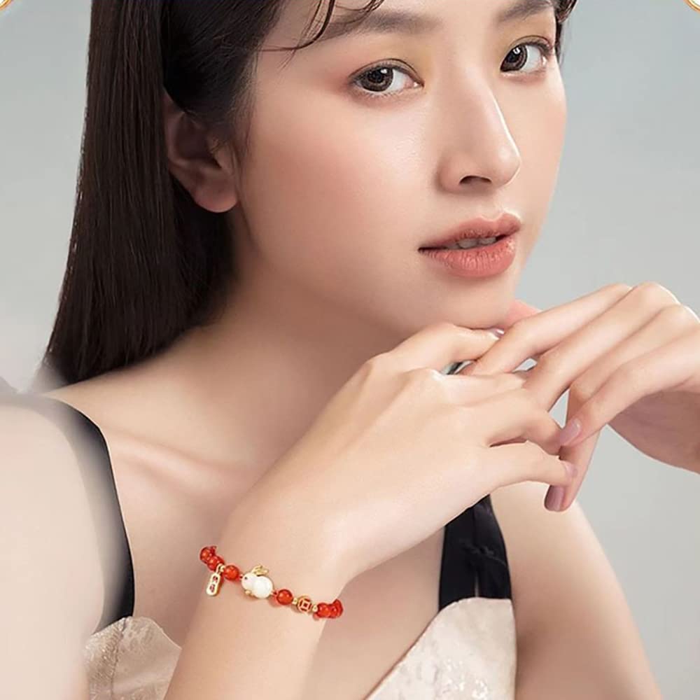 2023 Chinese Style Rabbit Year Beads Bracelet Adjustable Bangle Women Gift, Adjustable Bracelet for Women Girls Jewelry (Red+White)