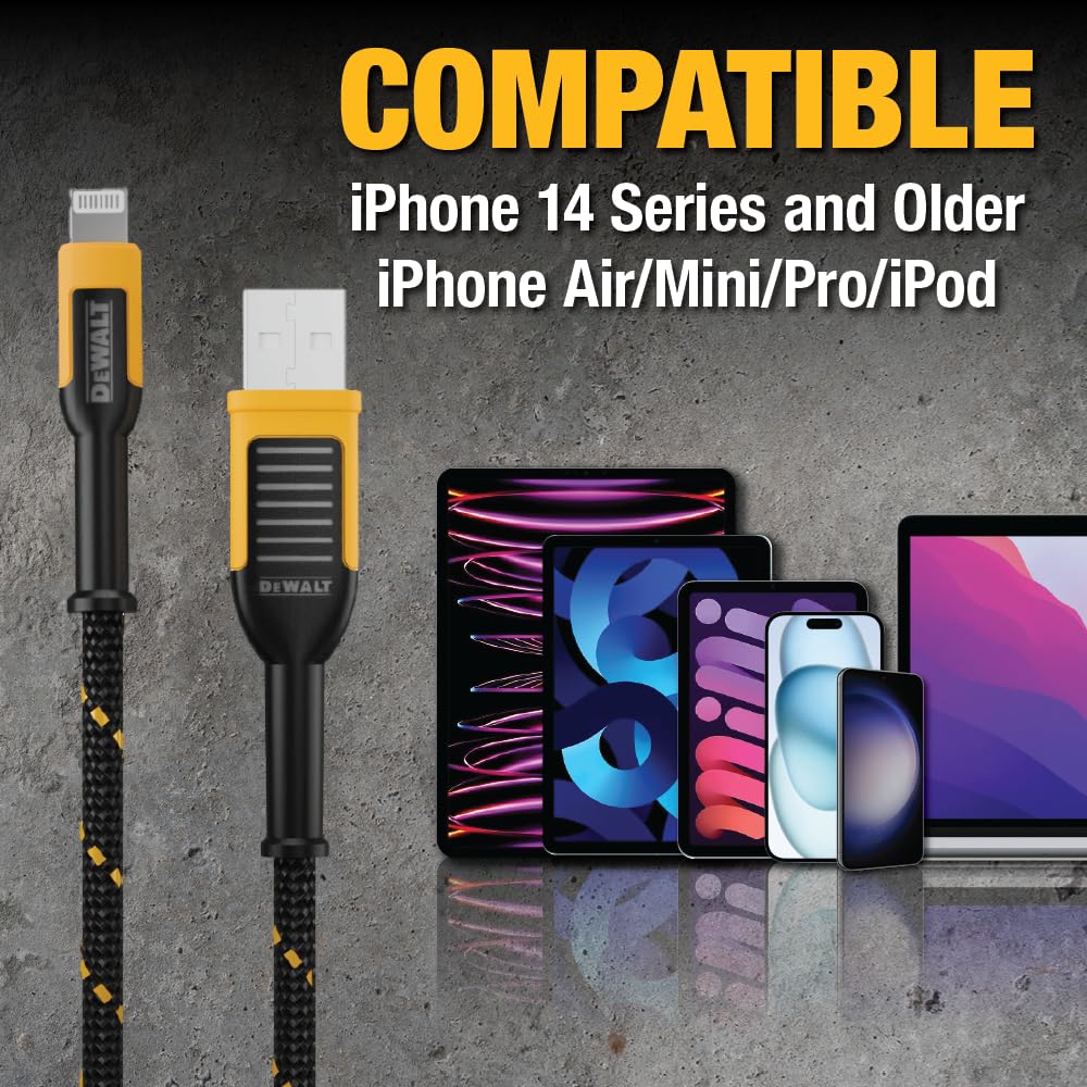 DEWALT Lightning to USB Cable — Reinforced Braided Cable for Lightning — Charger Cord Compatible with iPhone — Apple Compatible Charging Cable… (USB A to Lightning, 10 Foot)