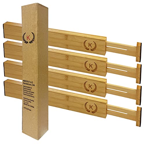 Bamboo Drawer Dividers Organizers 18 - 21.75 IN - Kitchen Drawer Organizer with Spring Loaded, Expandable Drawer Organization Separators for Kitchen, Dresser, Bedroom, Bathroom, and Office - Pack of 4