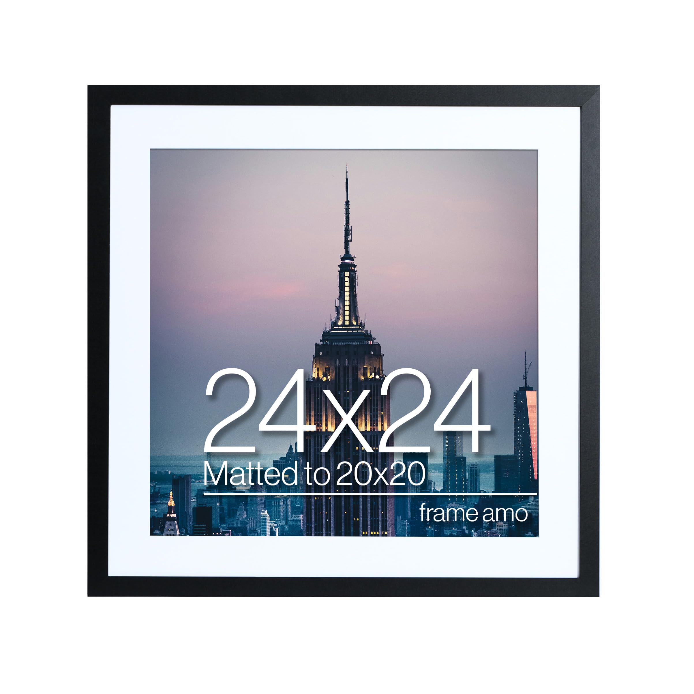 Frame Amo 24x24 Black Picture Frame with 19.5x19.5 White Mat Opening for 20x20 Image, 1 Inch Border, Acrylic Face