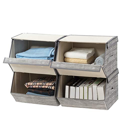 Giantex Storage Bins Set of 4 Stackable Cubes Fabric Baskets w/Lid, Side Handles, Magnetic Linen Container Boxes for Toys, Clothes, Files Foldable Closet Organize Bags 15βx14βx10β (Gray)
