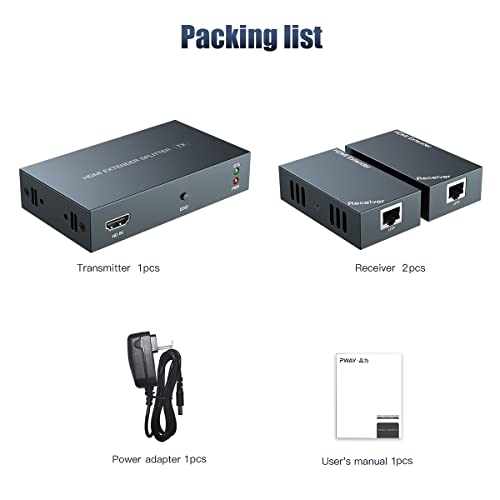HDMI Extender 1 to 2 Splitter Transmit 1080p HD Video Over 50m/165ft Ethernet Cat5e/6 with 2 HDMI Local Output, Works with Computer/Camera/Projector/TV
