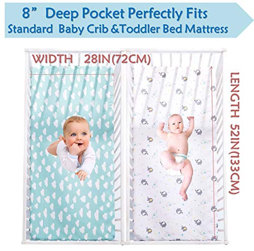 Crib Sheets Neutral, 2 Pack Fitted Crib Sheets Set, Printed Crib Sheets for Boys and Girls, Soft and Breathable Silky Microfiber Baby Sheet Fits Standard Crib and Toddler Mattress, Elephant & Clouds