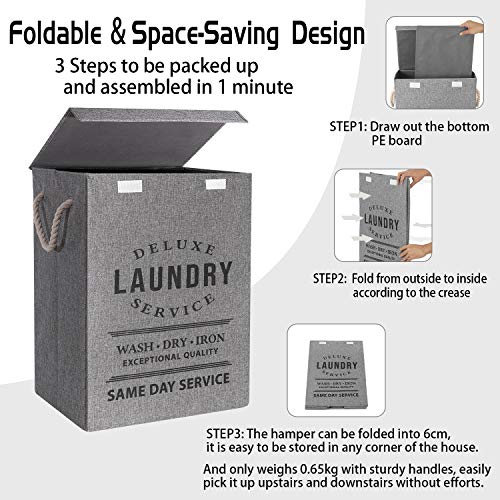 U Trip Laundry Basket with Lid, 85L Large Deluxe Laundry Baskets - Collapsible Foldable Laundry Hamper Canvas Storage Basket Bin for Clothes Washing Bedroom Organizer Toy Collection (Grey)