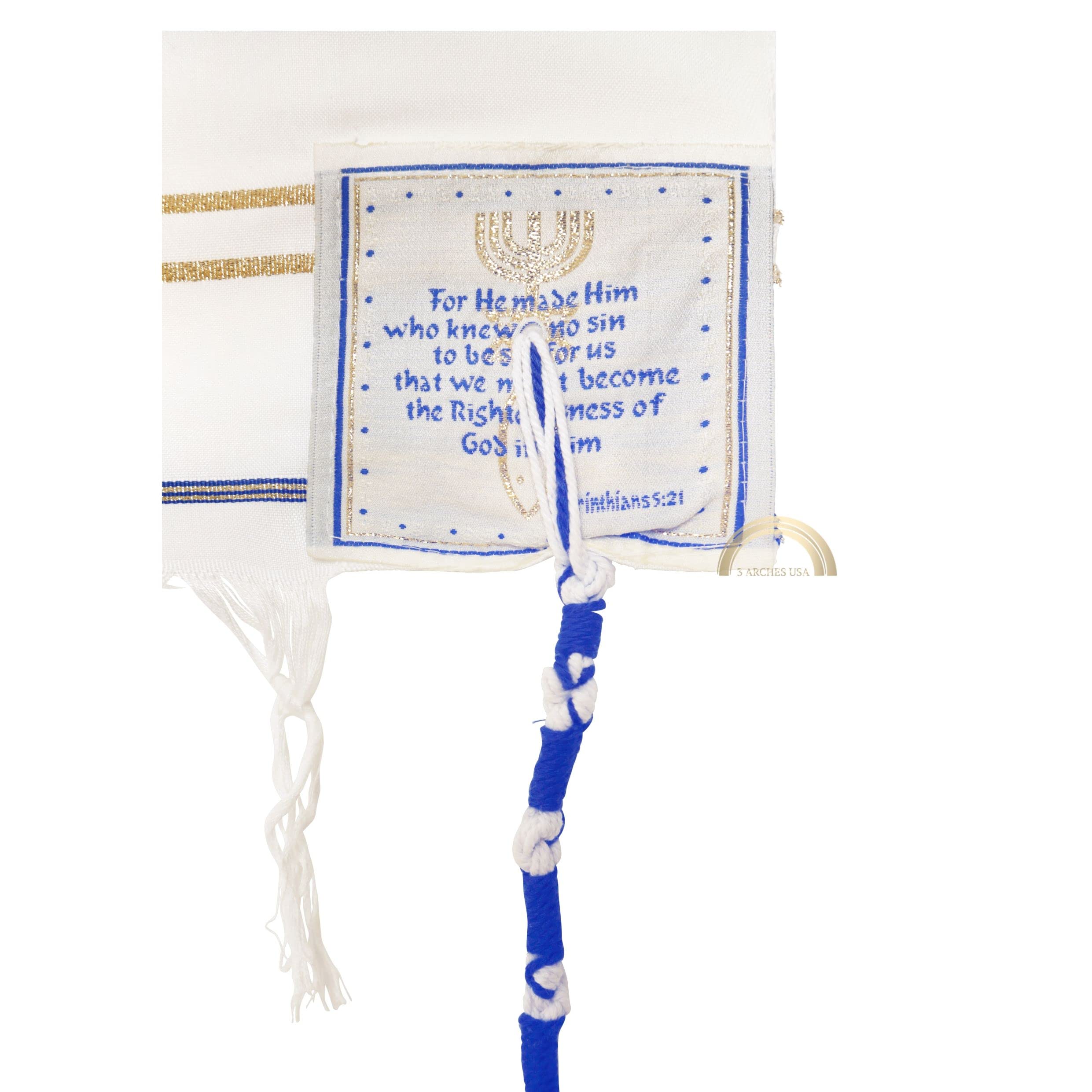 3 ARCHES USA, New Covenant Prayer Shawl Christian, Royal Blue Messianic Tallit 72”X22” With Bag, Israel Design.