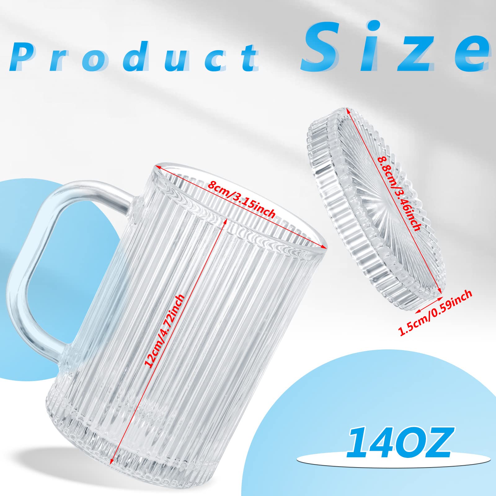 2 Pieces Clear Glass Coffee Mugs with Glass Lids Vintage Vertical Stripes Tea Mug Classic Ribbed Glasses with Handles Clear Coffee Cups for Espresso Latte Anniversary Xmas 14 oz (Clear)