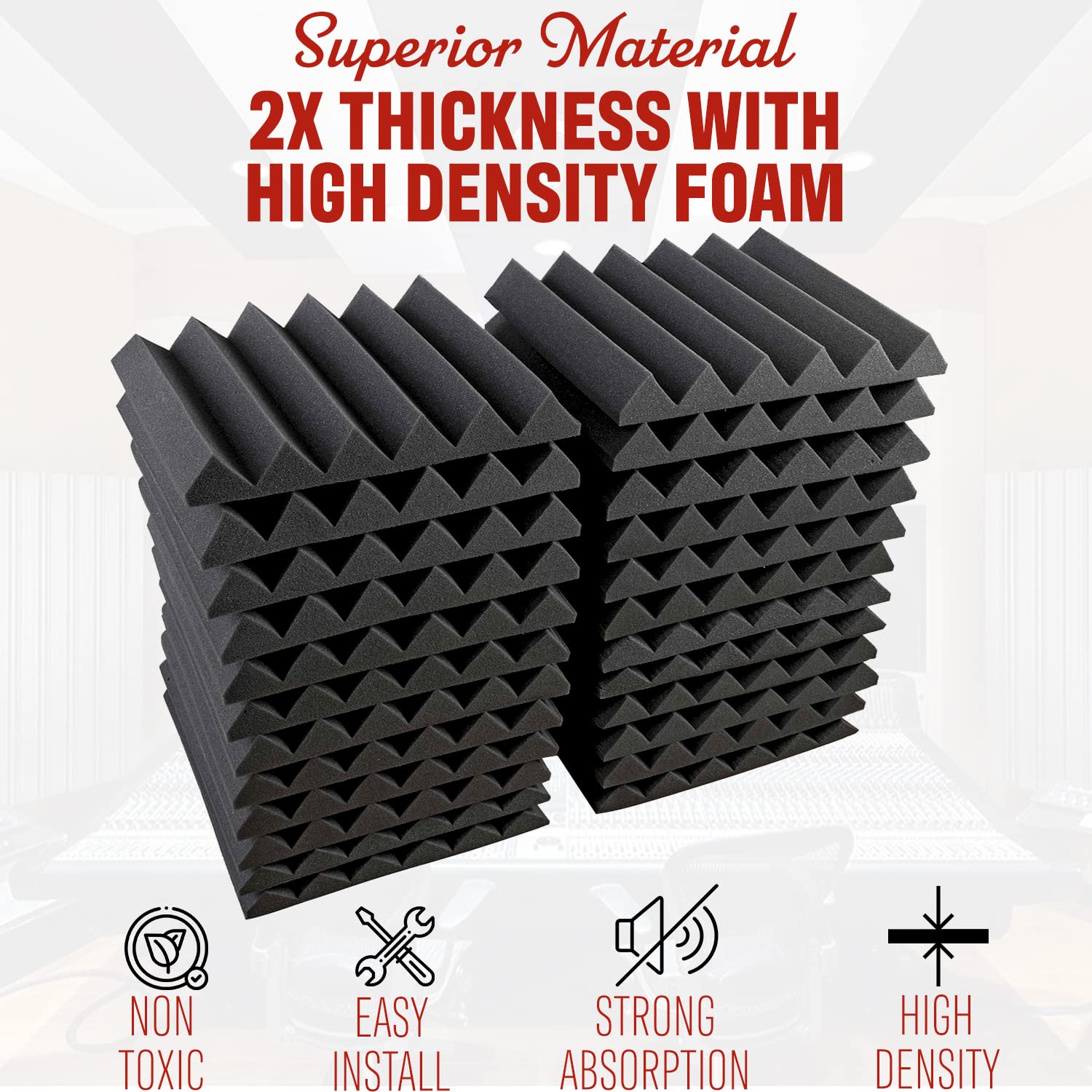 Acoustic Panels Soundproof Wall Panels- 24 Pack 2" x 12" x 12" Sound Proof Foam Panles Adhesive High Desnsity Fireproof Sound Panels Top Quality Sound Deadening Panels Ideal for Home & Studio